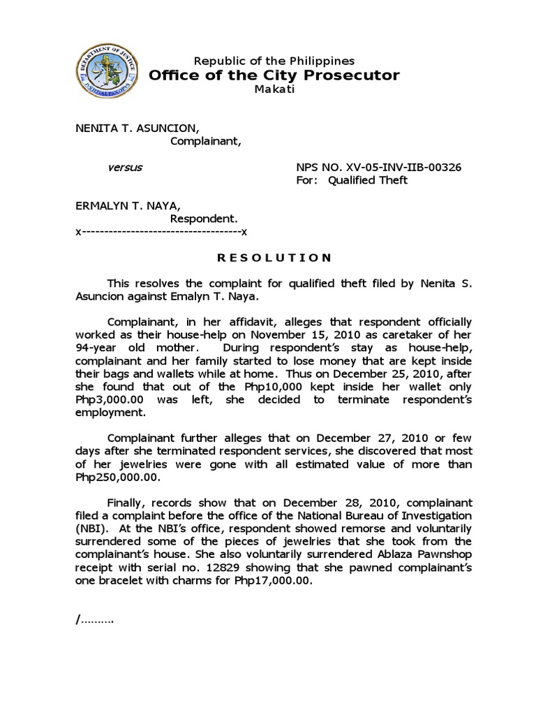 Resolution on Qualified Theft Case | PDF | Prosecutor | Theft