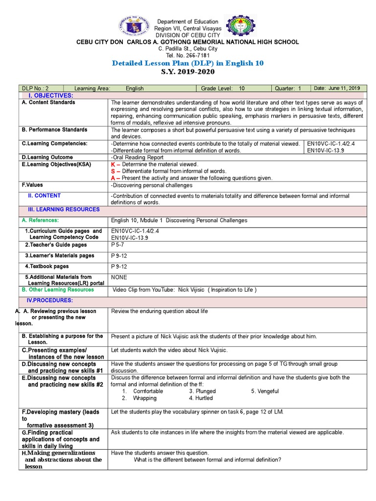 Detailed Lesson Plan (DLP) in English 10: I. Objectives | PDF | Lesson ...