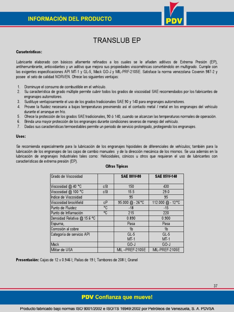 PDV Translub EP | PDF | Lubricante | Engranaje