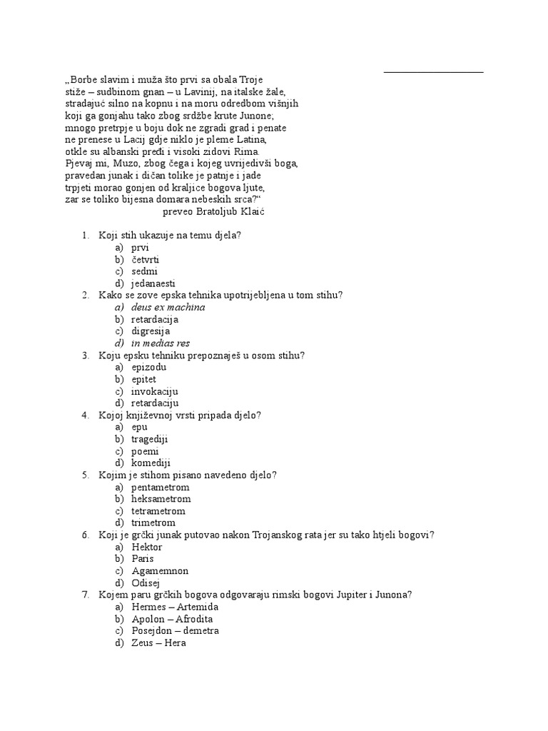 Eneida - Pitanja | PDF