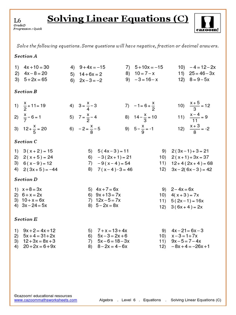 Algebra. Equations. Solving Linear Equations C PDF | PDF | Equations ...