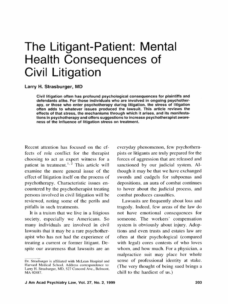 Strasburger, The Litigant-Patient | PDF | Lawsuit | Psychotherapy