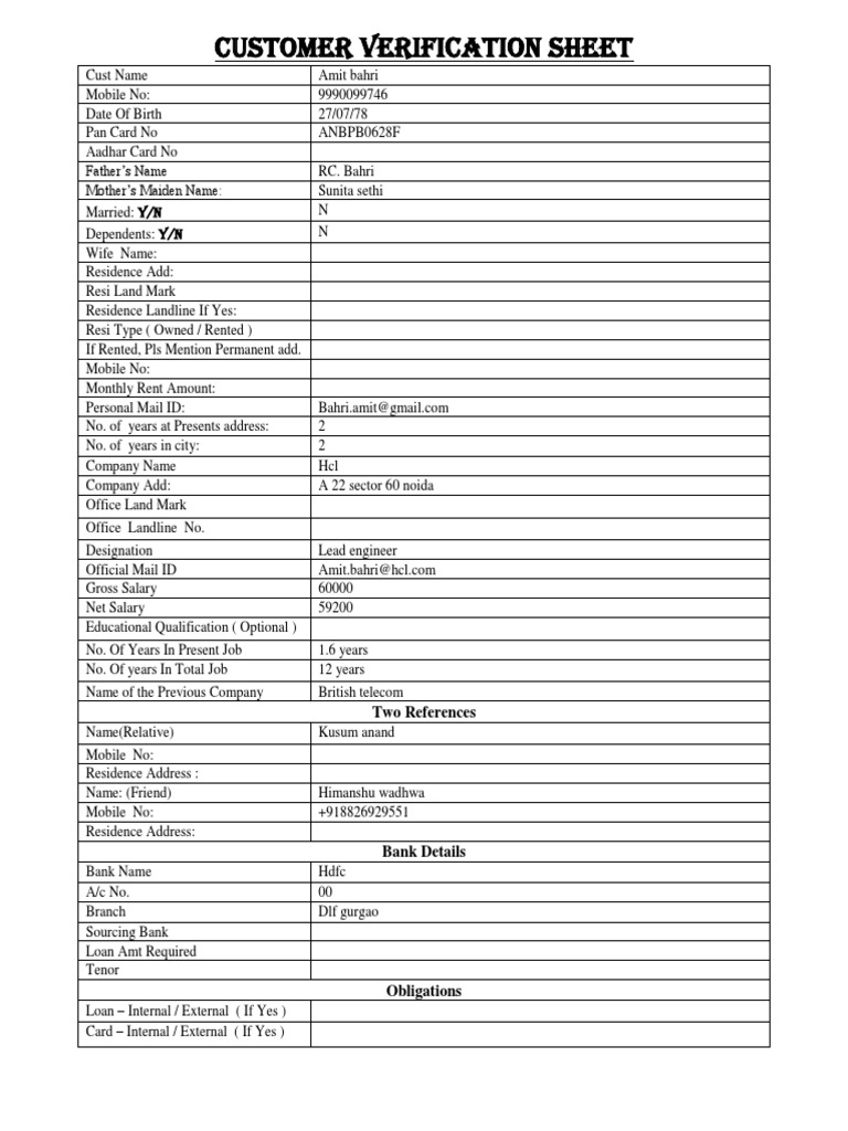 Customer Verification Sheet: Two References | PDF