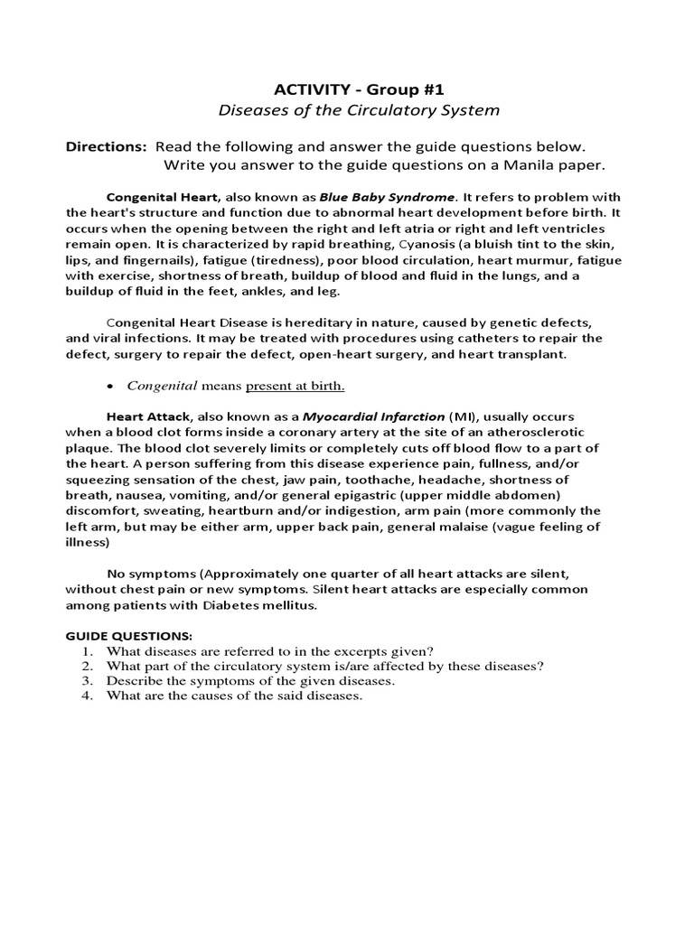 Activity On Diseases of The Circulatory System | PDF | Heart ...