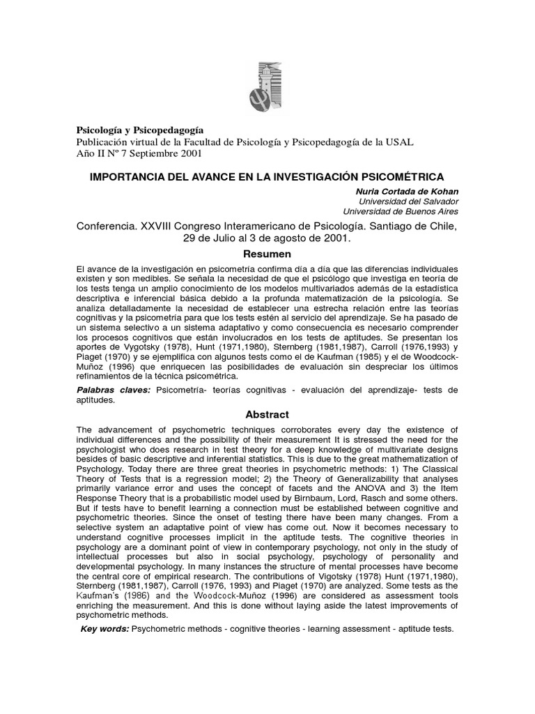 Tema 1-Importancia Del Avance en La Inv Psicometrica (Rev) - 1 PDF | PDF | Inteligencia ...