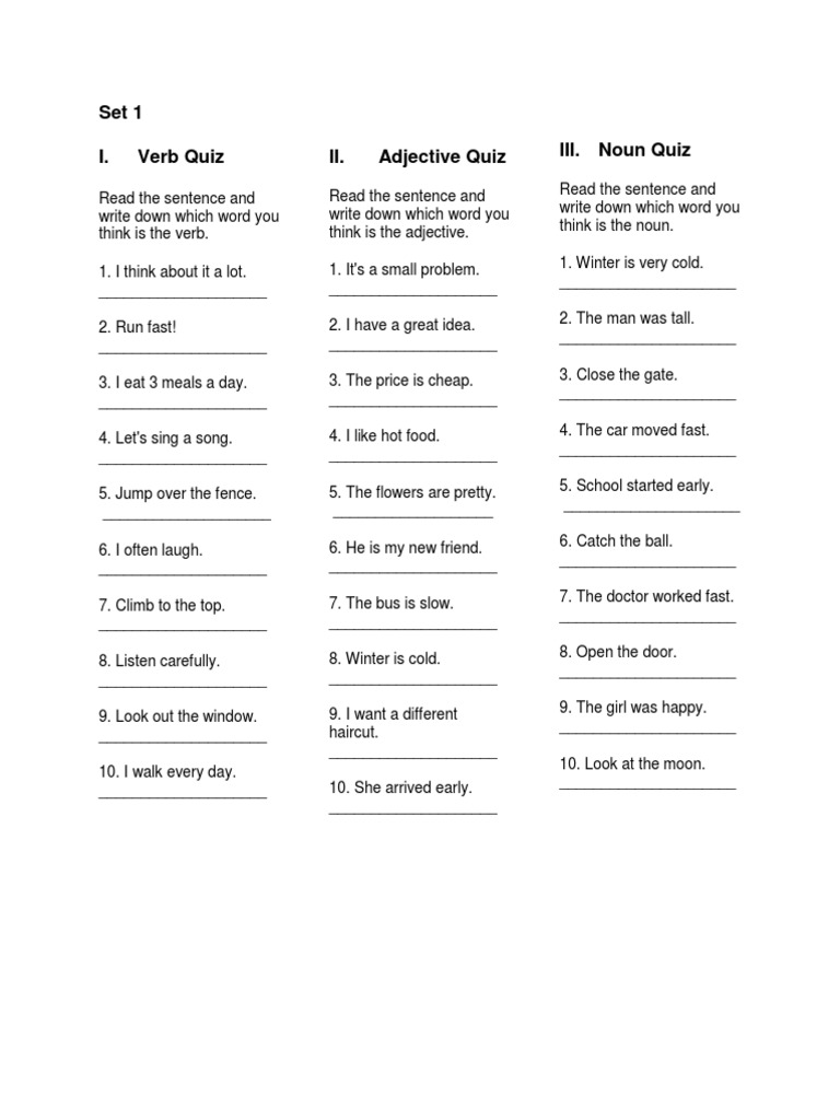 Set 1 I. Verb Quiz II. Adjective Quiz III. Noun Quiz | PDF | Adjective ...