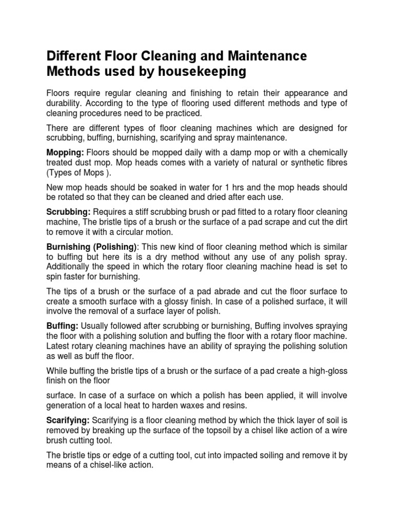 Different Floor Cleaning and Maintenance Methods Used by Housekeeping | PDF