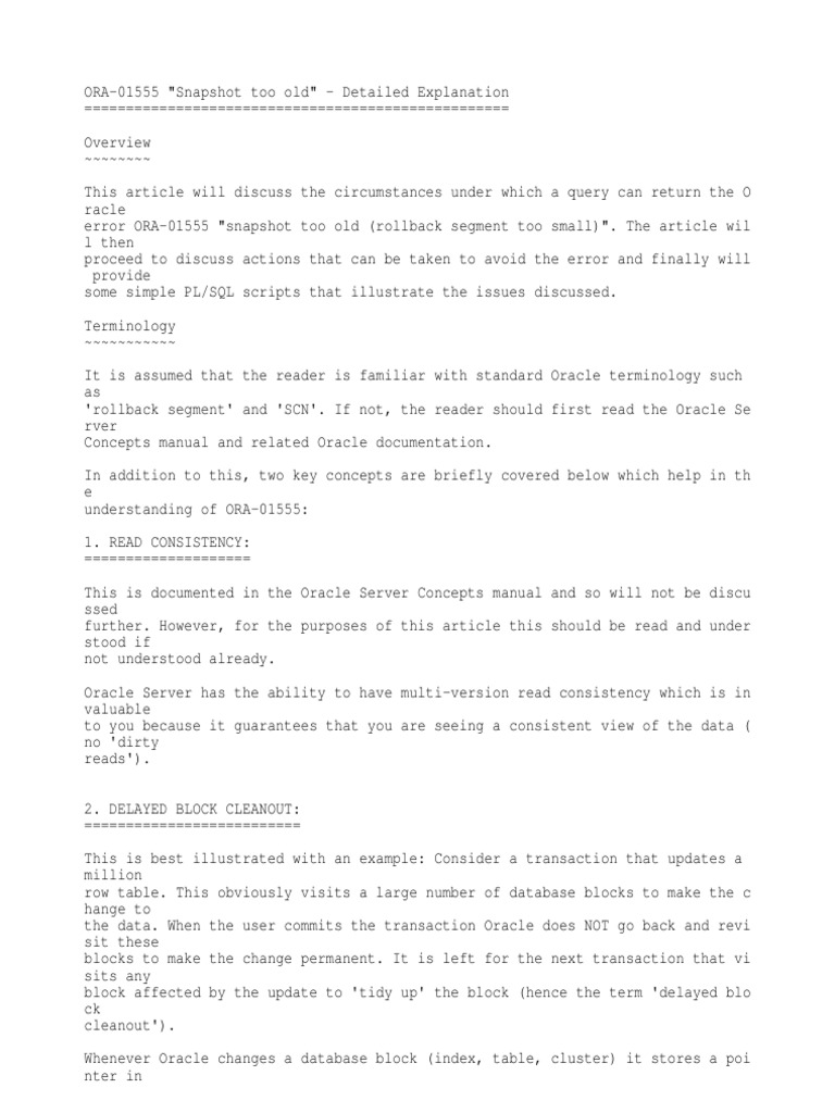 ORA-01555 - Snapshot Too Old | PDF | Database Transaction | Oracle Database