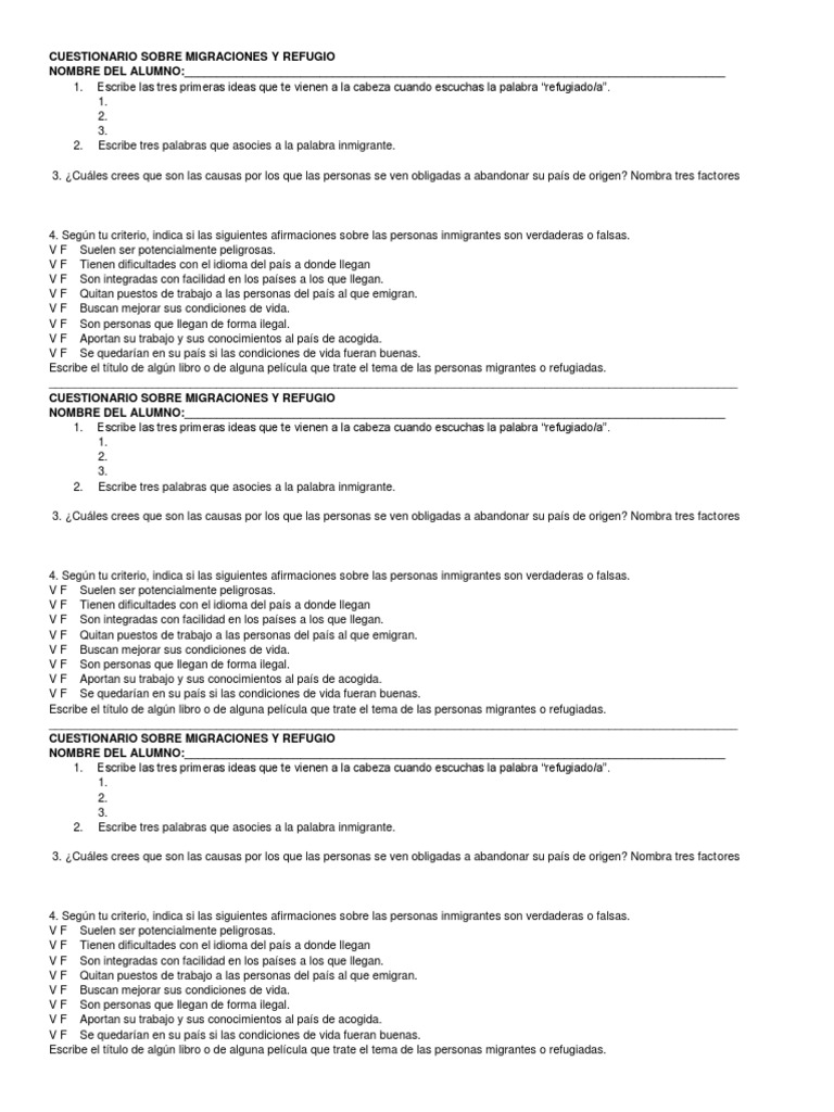 Cuestionario Sobre Migraciones y Refugio | PDF | Migración humana ...