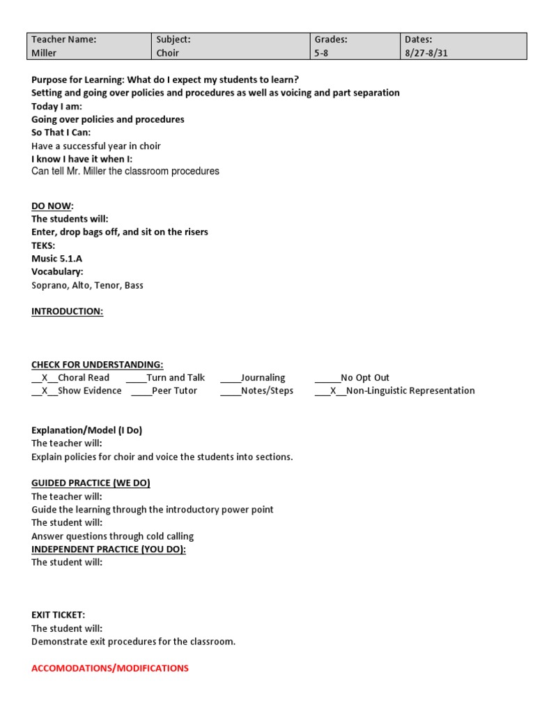 Choir Lesson Plan Overview | PDF | Career & Growth | Language Arts ...