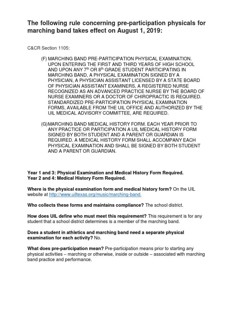 Marching Band Physical Exam Requirements | PDF | Physical Examination ...