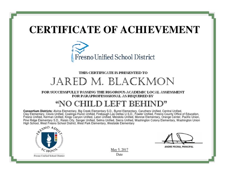 NCLB Certificate Jared | PDF | Schools | Alternative Education