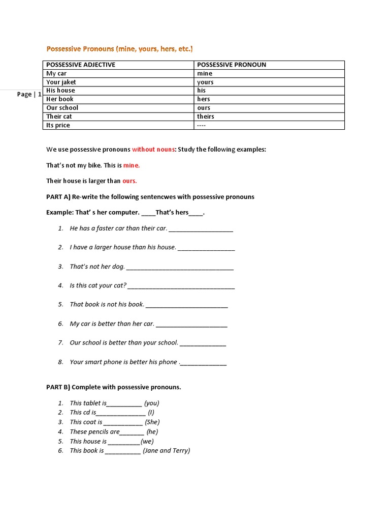 Possessive Pronouns Worksheet | PDF