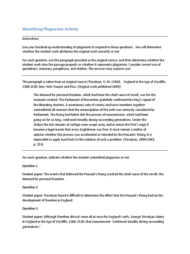 Plagiarism Identification Worksheet | PDF | Serfdom | Plagiarism