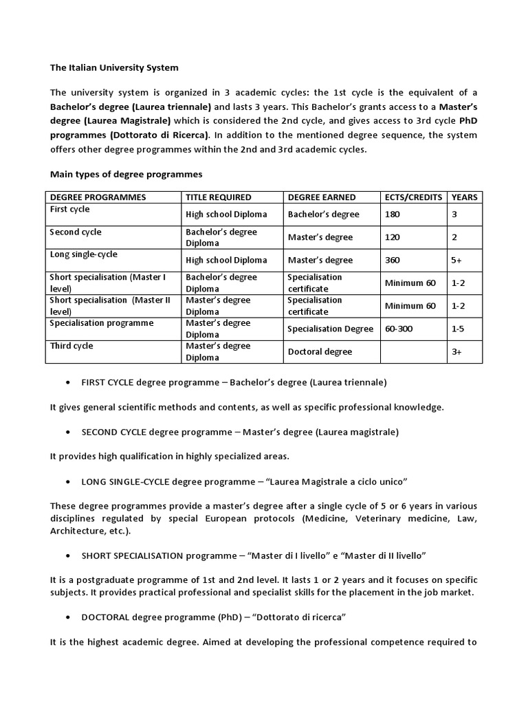 Italian University System Overview | PDF | Academic Degree | Academia