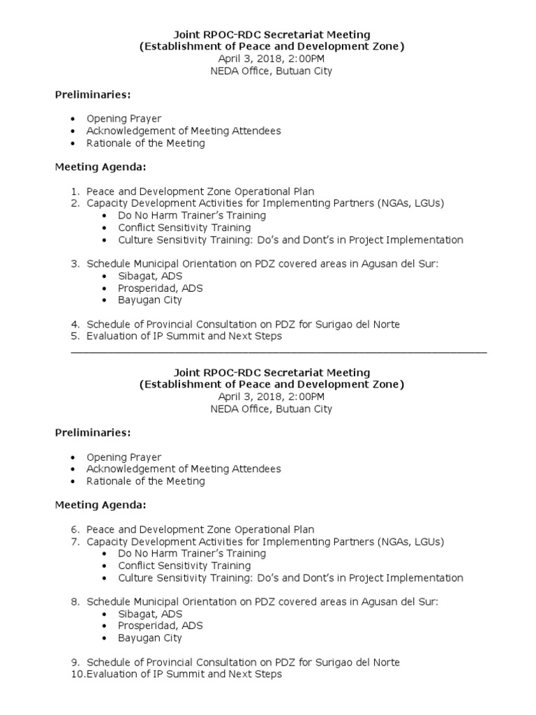 Joint RPOC-RDC Secretariat Meeting (Establishment of Peace and ...