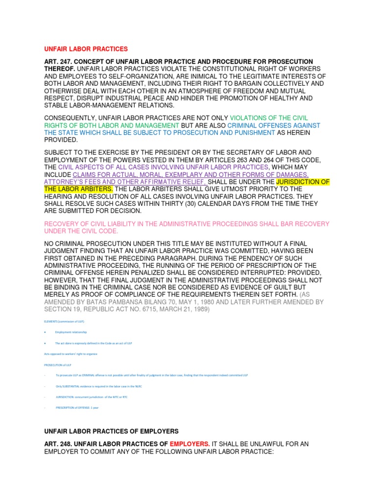 Art. 247. Concept of Unfair Labor Practice and Procedure For ...