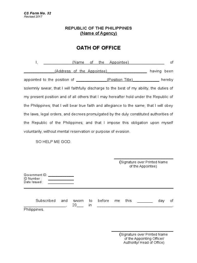 CS Form No. 32 Oath of Office | PDF | Oath Of Office | Government