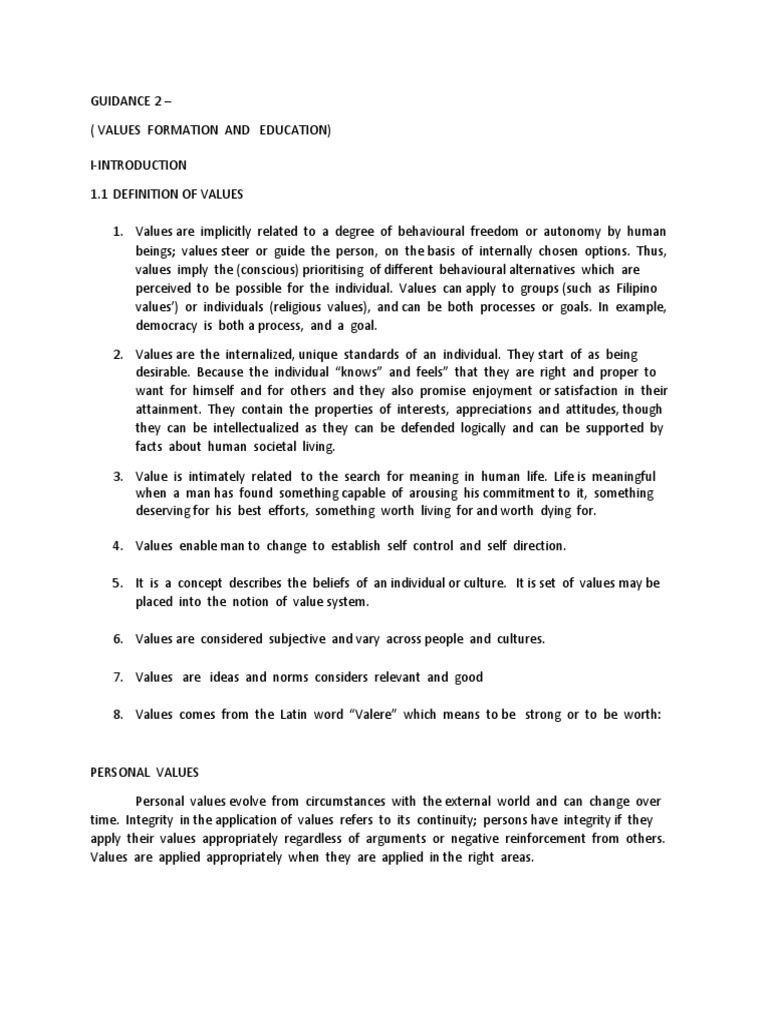 GUIDANCE 2 Values Formation of Education | PDF | Value (Ethics) | Justice
