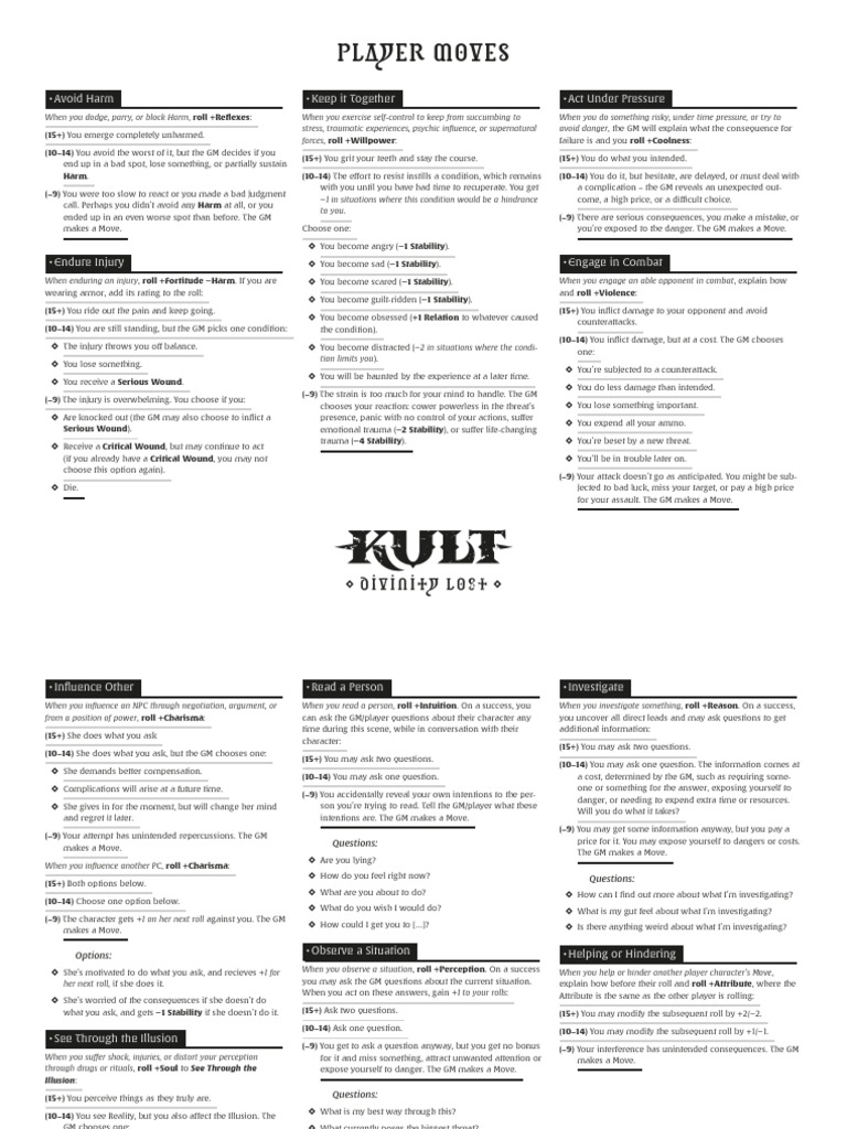 KULT Divinity Lost Reference Sheet Player Moves | PDF | Illusion | Psychological Trauma