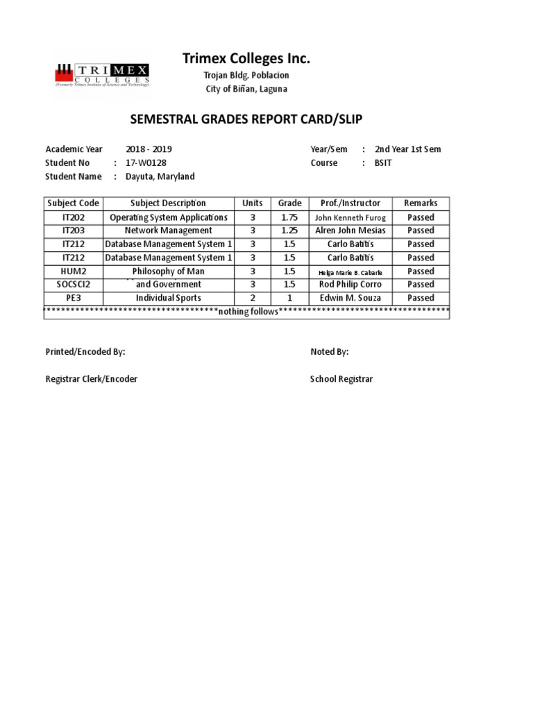 Student Grade Slip | PDF