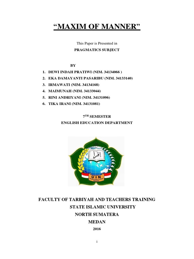 "Maxim of Manner": This Paper Is Presented in | PDF