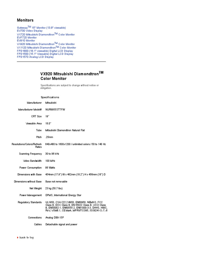 Gateway and Mitsubishi Monitor Specs | PDF | Technology & Engineering