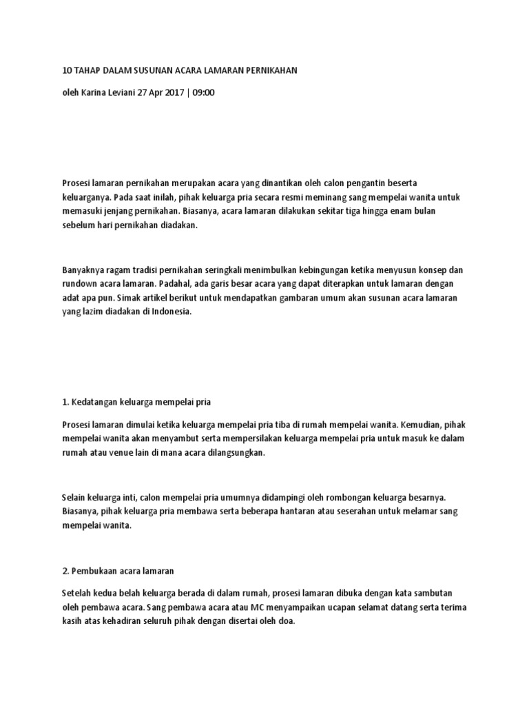 10 Tahap Dalam Susunan Acara Lamaran Pernikahan | PDF