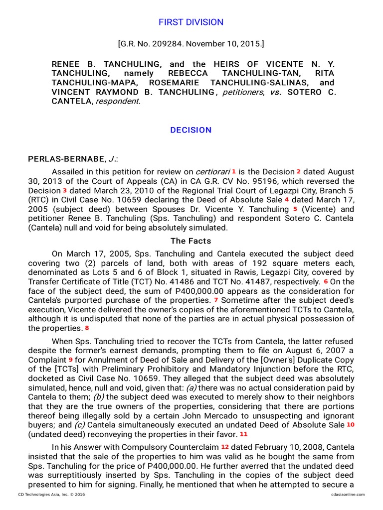 Tanchuling vs. Cantela: Deed Simulation Case | PDF | Deed | Common Law