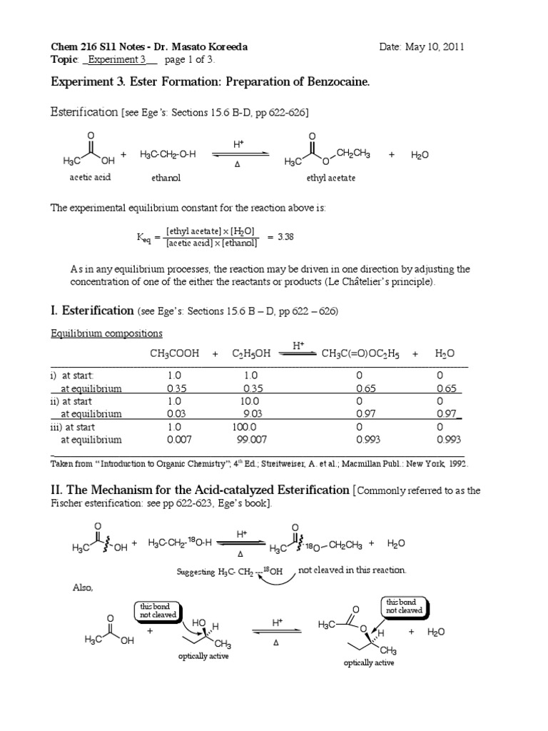 Esterification: Experiment 3. Ester Formation: Preparation of ...