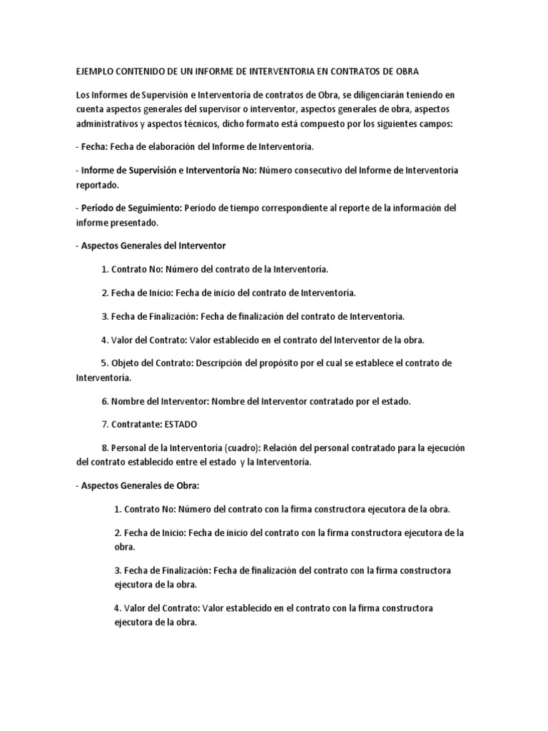 Ejemplo Contenido de Un Informe de Interventoria en Contratos de Obra ...
