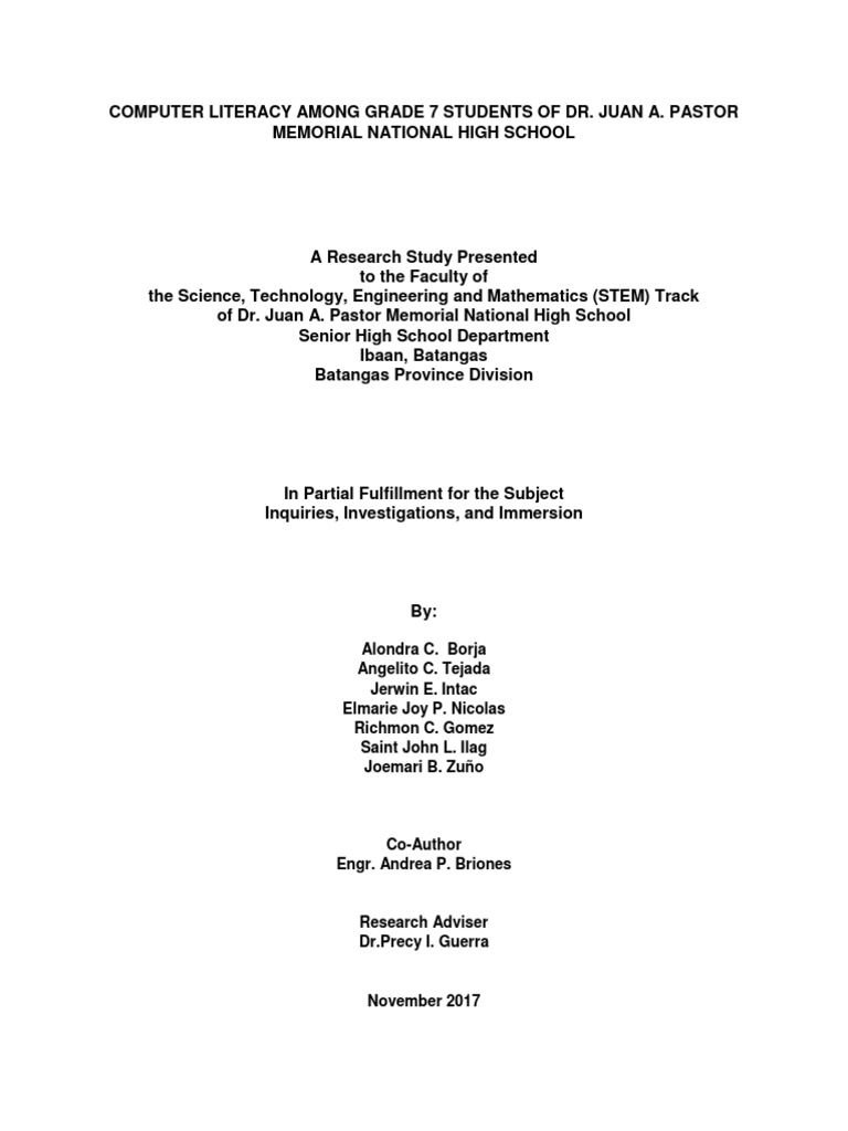 Computer Literacy Among Grade 7 Students of Djapmnhs PDF | PDF | Survey ...