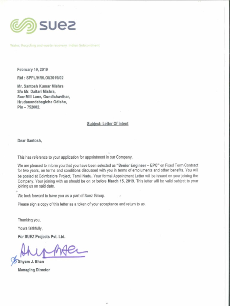 Offer Letter - Mr. Santosh Kumar Mishra | PDF