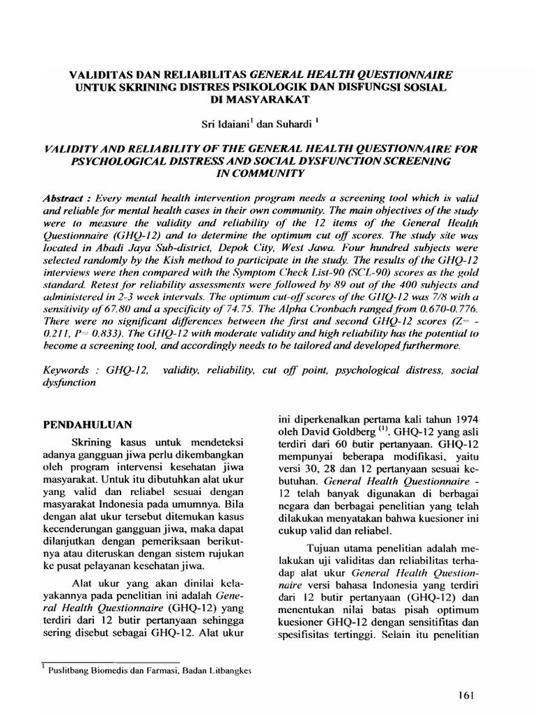 GHQ 12 | PDF | Psychiatry | Validity (Statistics)