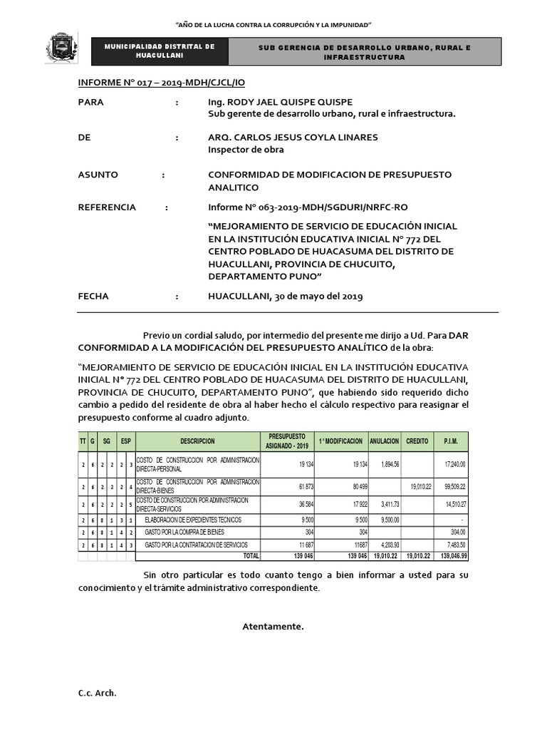 INFORME 017 HUACASUMA Modificación de Presupuesto Analítico | PDF ...