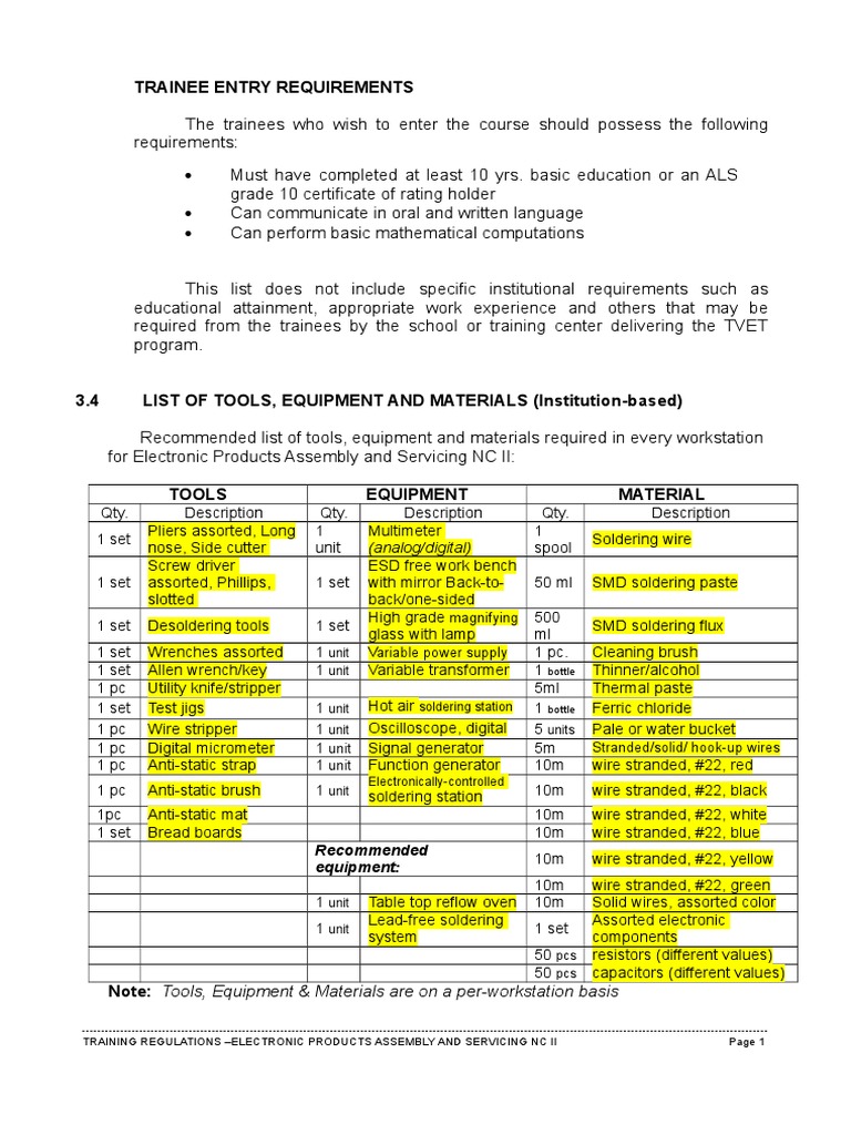 UTPRAS - TR Based - Tools and Equipment & Facilities Requirements ...
