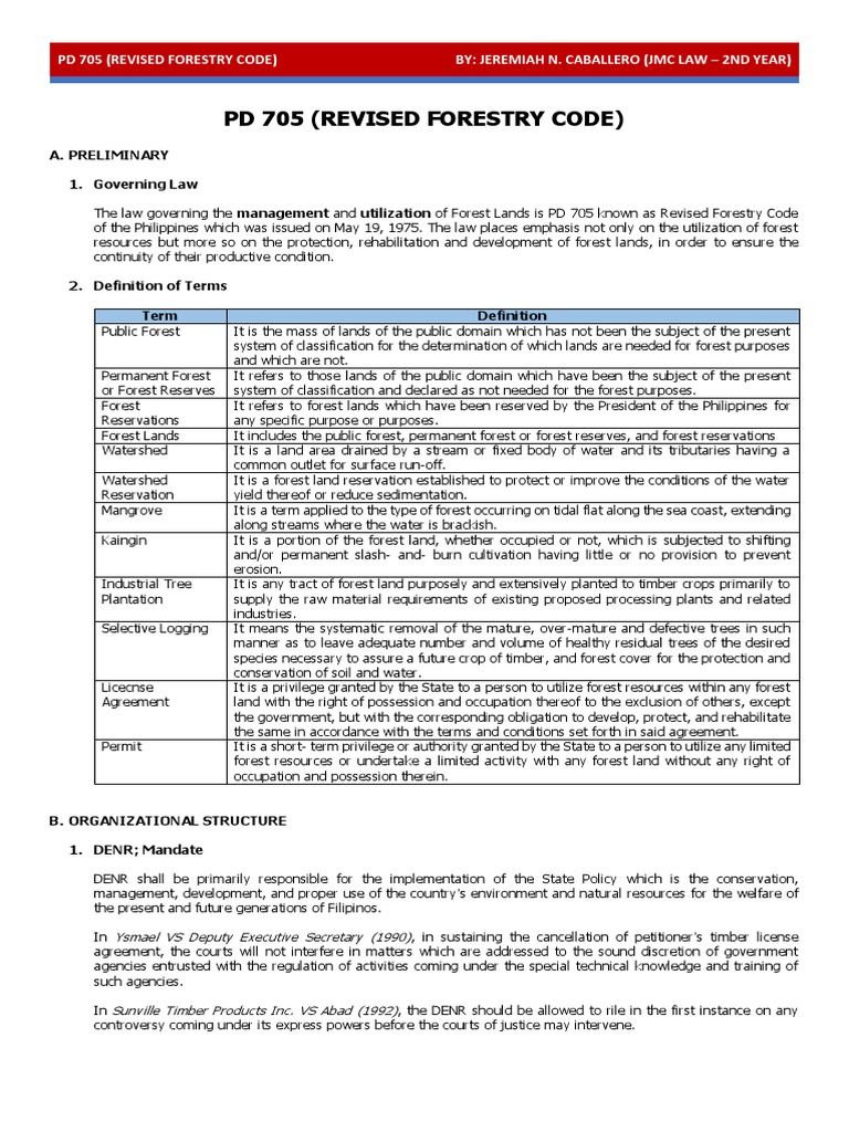 PD 705 (Revised Forestry Code) By: Jeremiah N. Caballero (JMC Law - 2Nd Year) | PDF | License ...