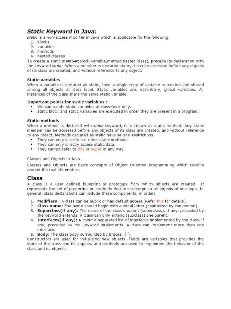 Static Keyword In Java Class Pdf Class Computer Programming