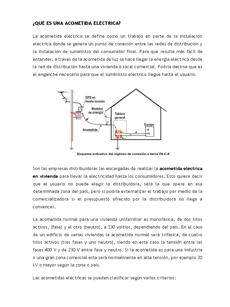 Qué Es Una Acometida Eléctrica | Descargar gratis PDF | Transmisión de energía eléctrica | Voltio