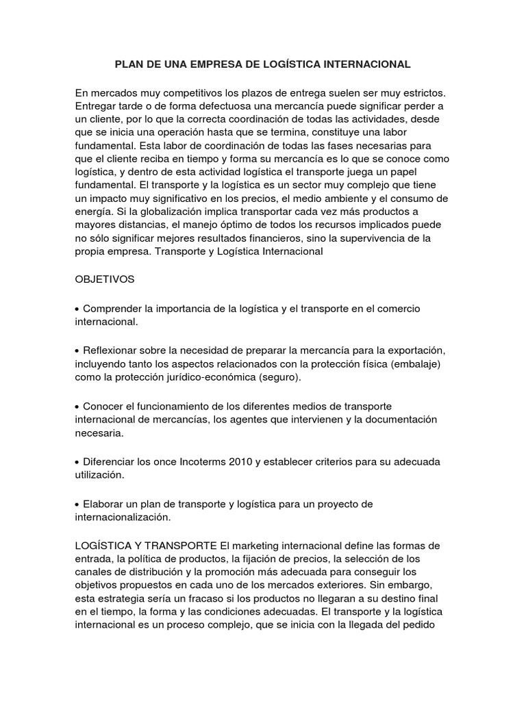 Plan de Una Empresa de Logística Internacional | PDF | Logística ...