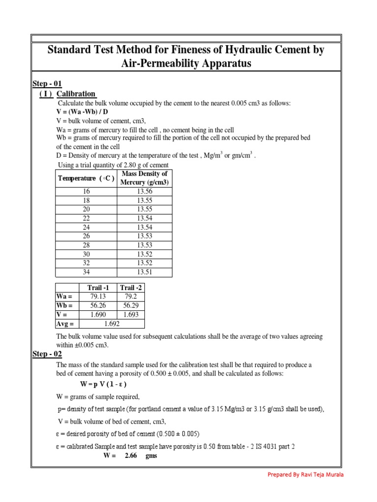 Fineness Test by Blaines Air Permeability Apparatus | PDF | Density ...