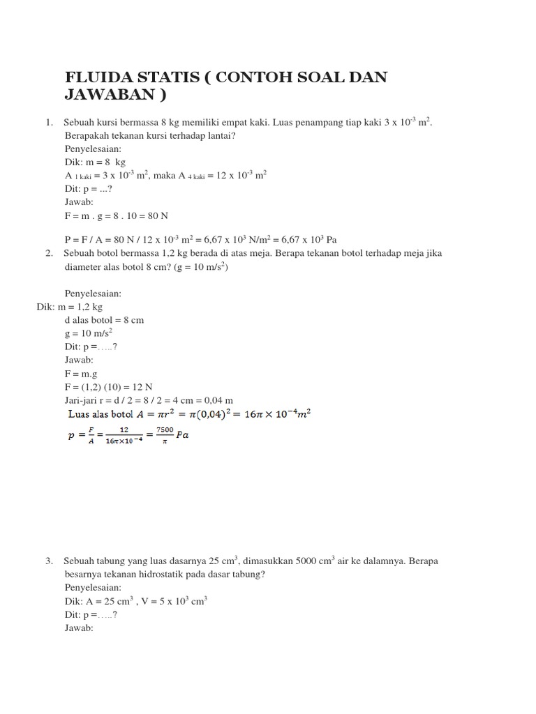 Contoh Soal Fluida Statis (Pembahasan) | PDF