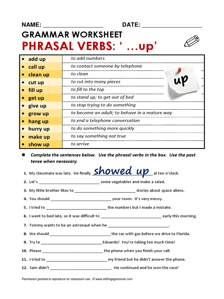 Phrasal Verbs: Up': Grammar Worksheet | PDF | Syntactic Relationships ...