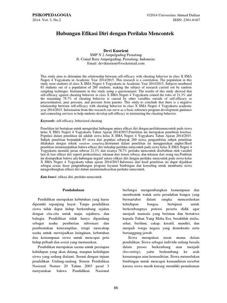 Hubungan Efikasi Diri Dengan Perilaku Mencontek | PDF | Karier & Perkembangan