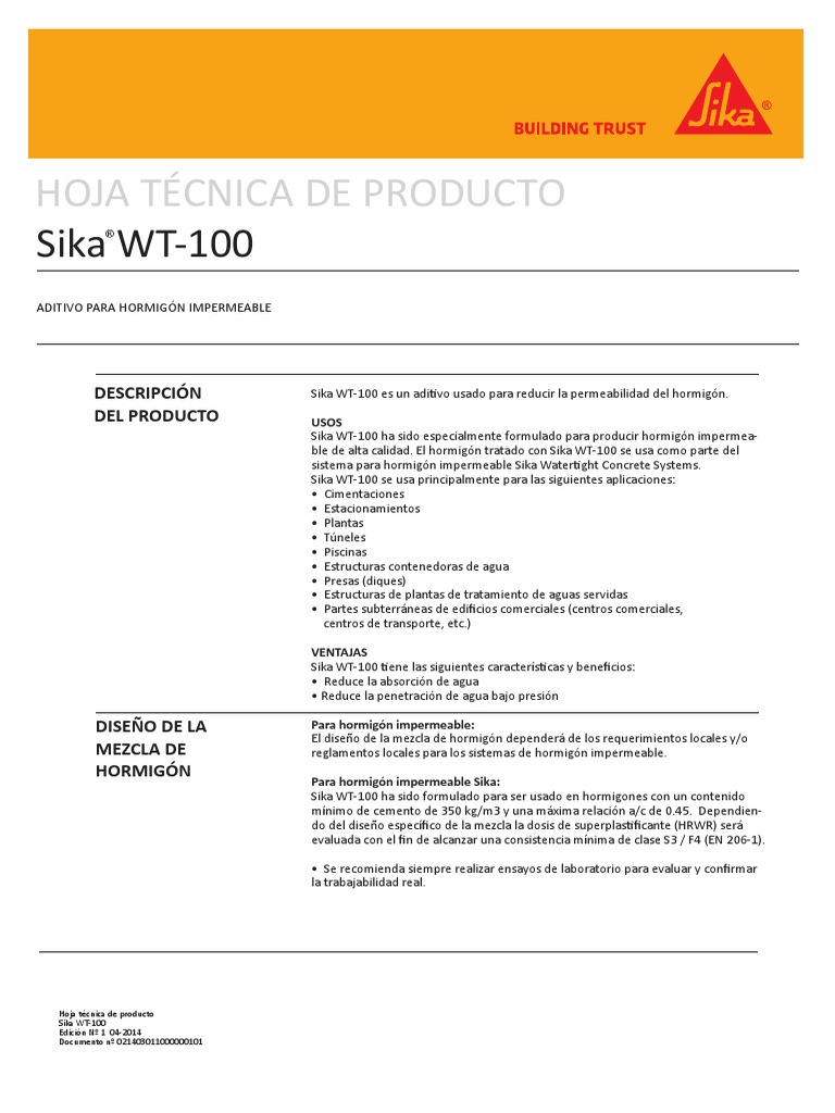 Sika WT 100 L PDS | PDF | Hormigón | Cemento
