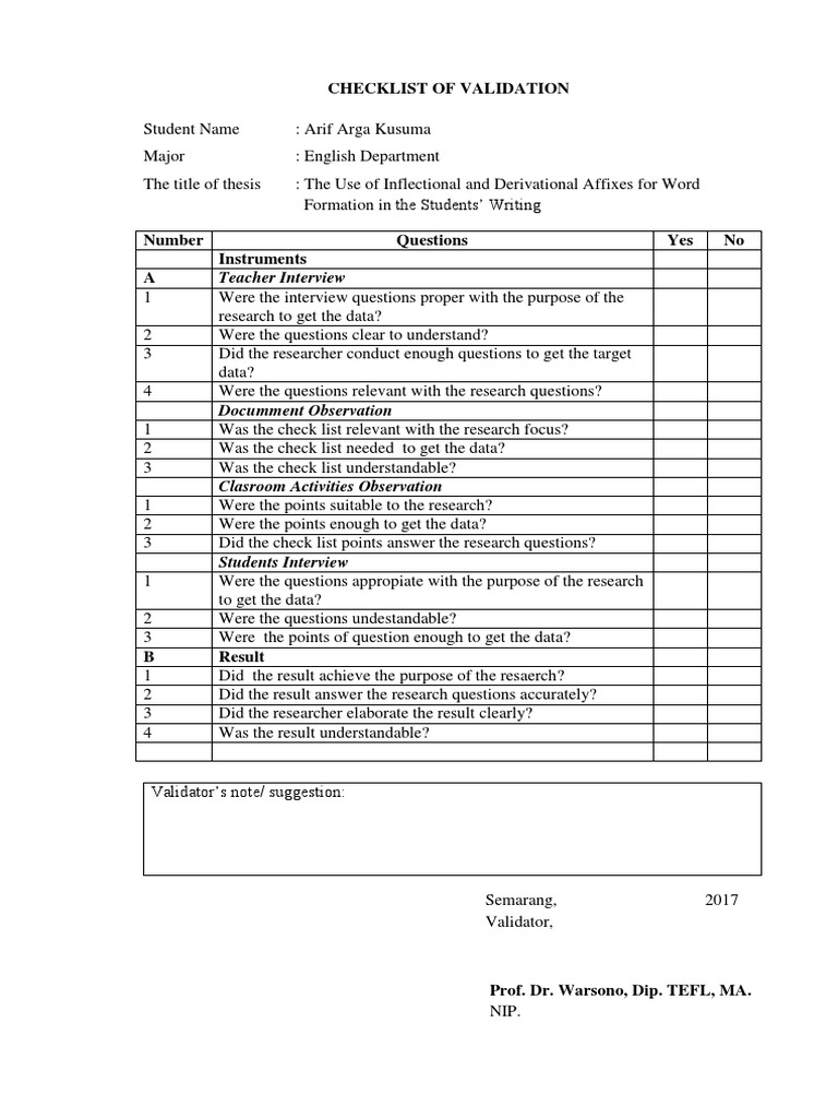 Checklist of Validation | PDF