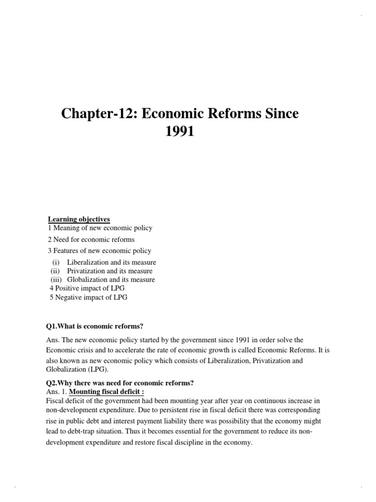 Chapter-12: Economic Reforms Since 1991: Learning Objectives | PDF ...