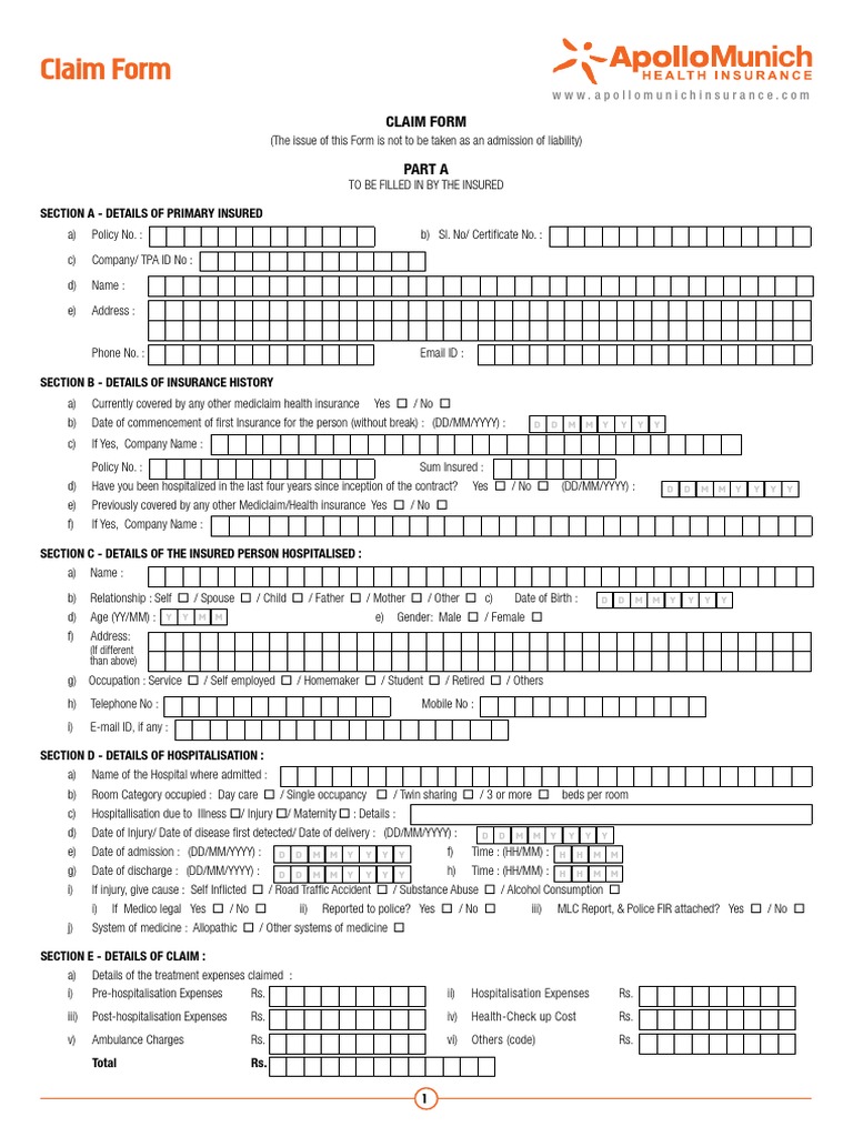 Easy Health Insurance Claim Form Apollo Munich 1 2 | PDF | Cheque ...