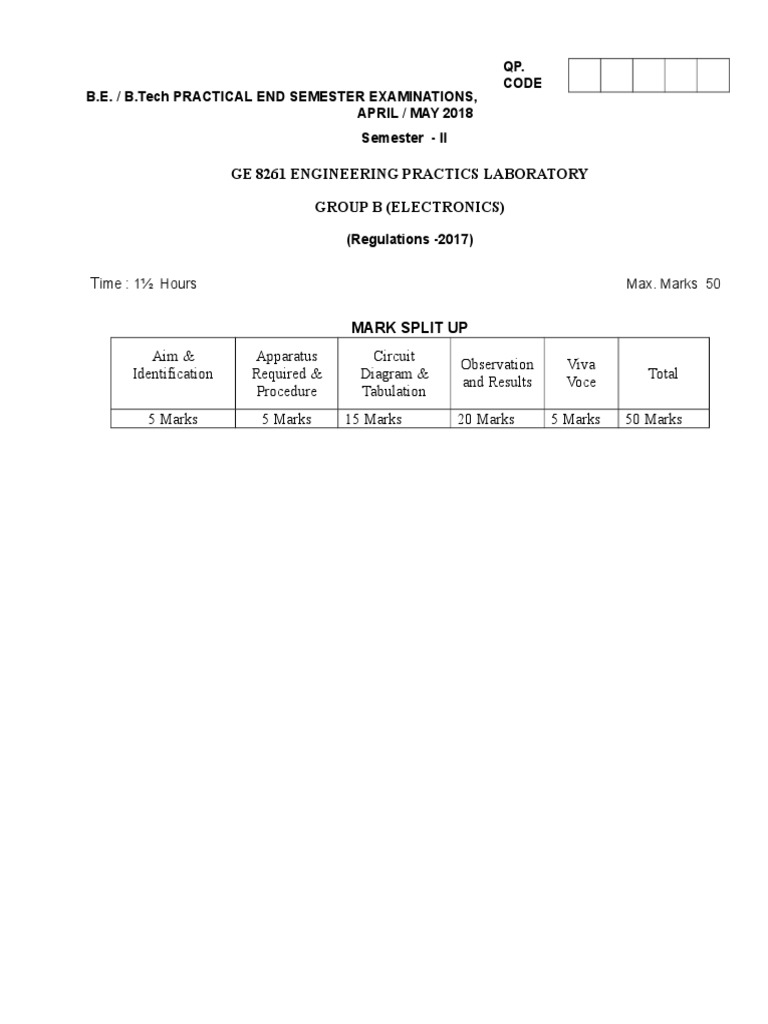 QP. CODE B.E. / B.Tech PRACTICAL END SEMESTER EXAM | PDF | Electric ...