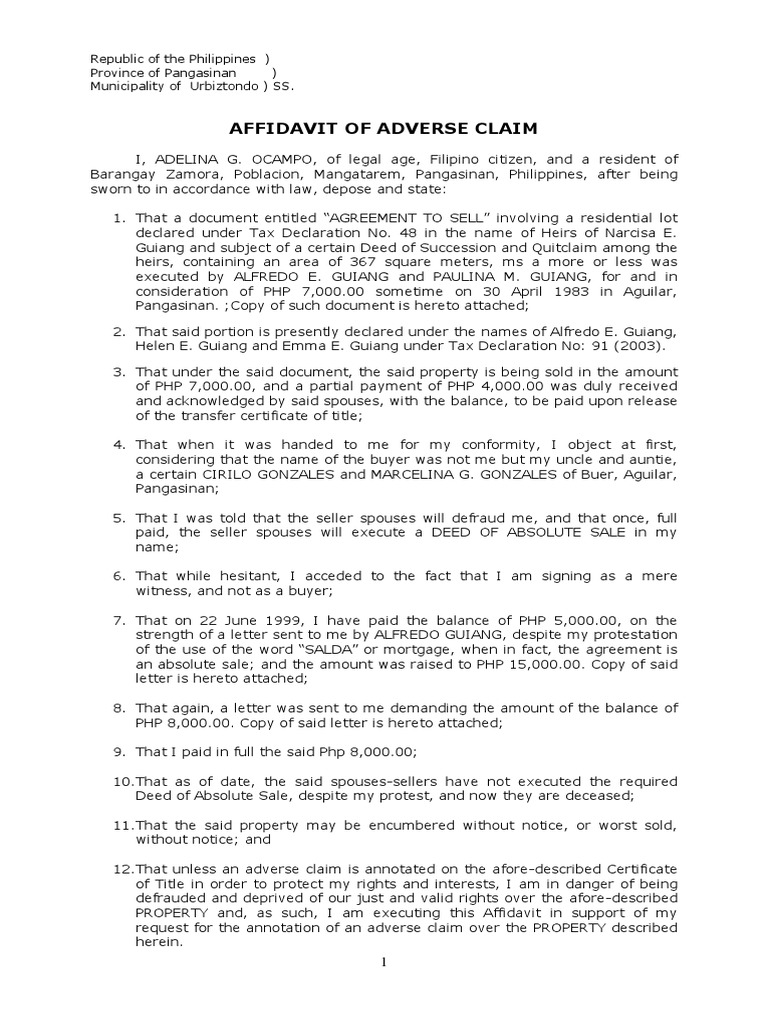 Adverse Claim - Ocampo, Adelina-1 | PDF | Natural Resources Law ...